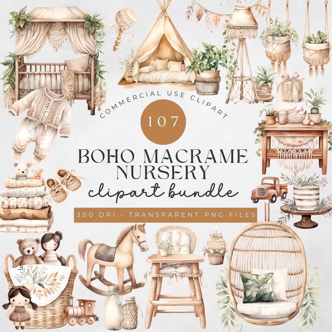 Watercolor Macrame Baby Nursery Clipart, Newborn Baby Shower, Boho ...