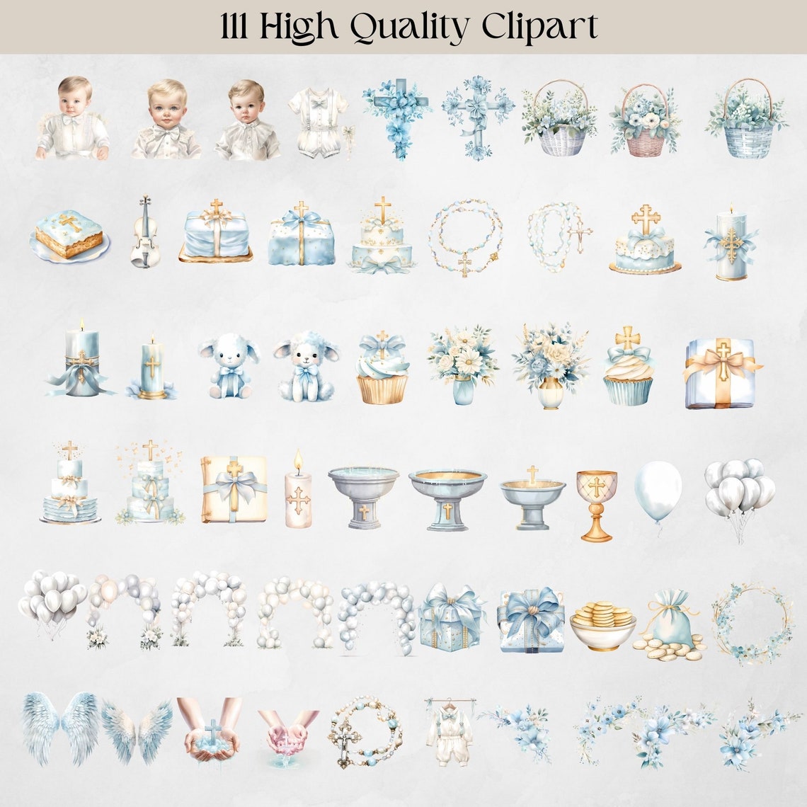111 Watercolor First Communion Clipart Bundle Pastel Blue Baptism ...
