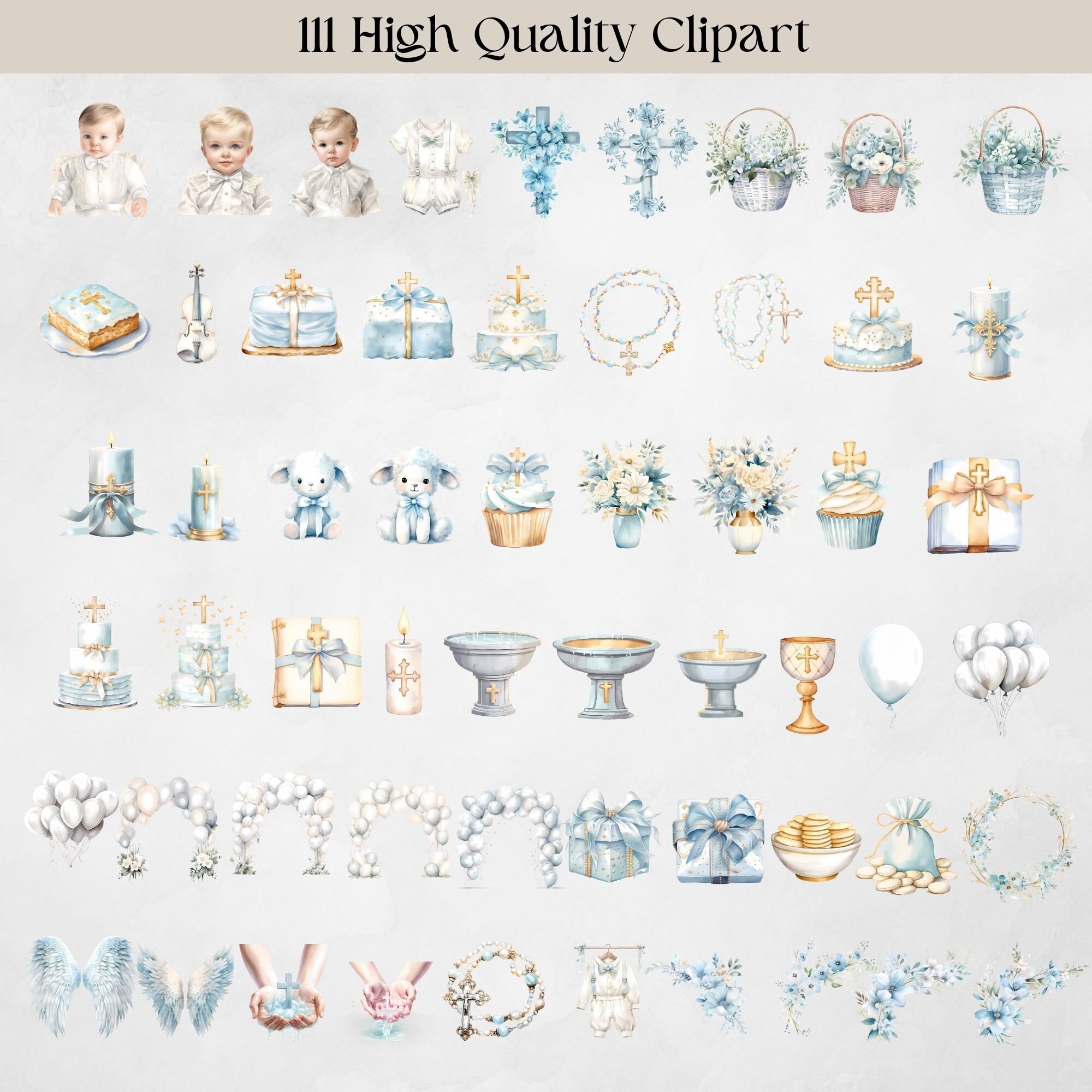 111 Watercolor First Communion Clipart Bundle Pastel Blue Baptism ...