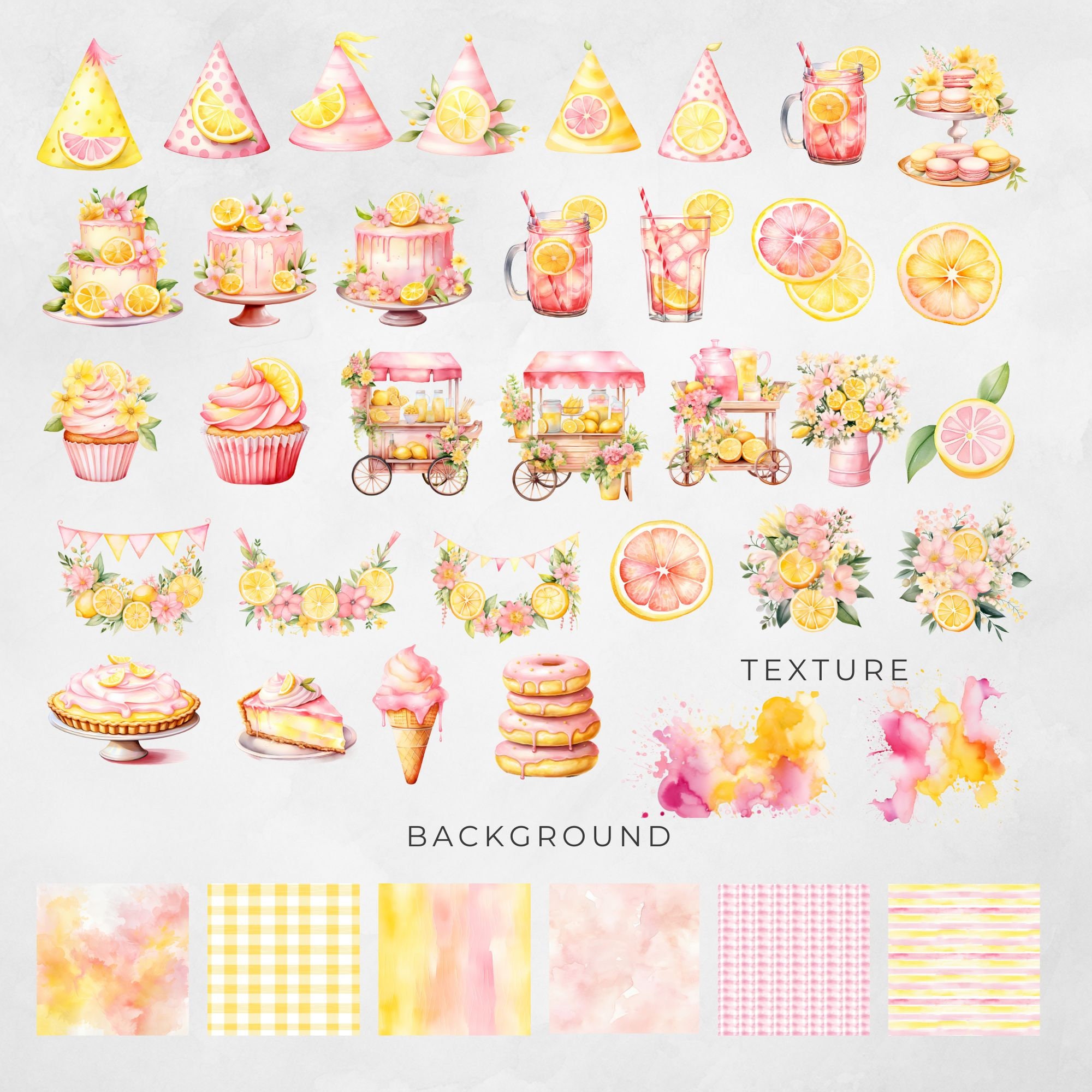 73 Watercolor Pink Lemonade Party Clipart Bundle Pink Lemonade Birthday ...