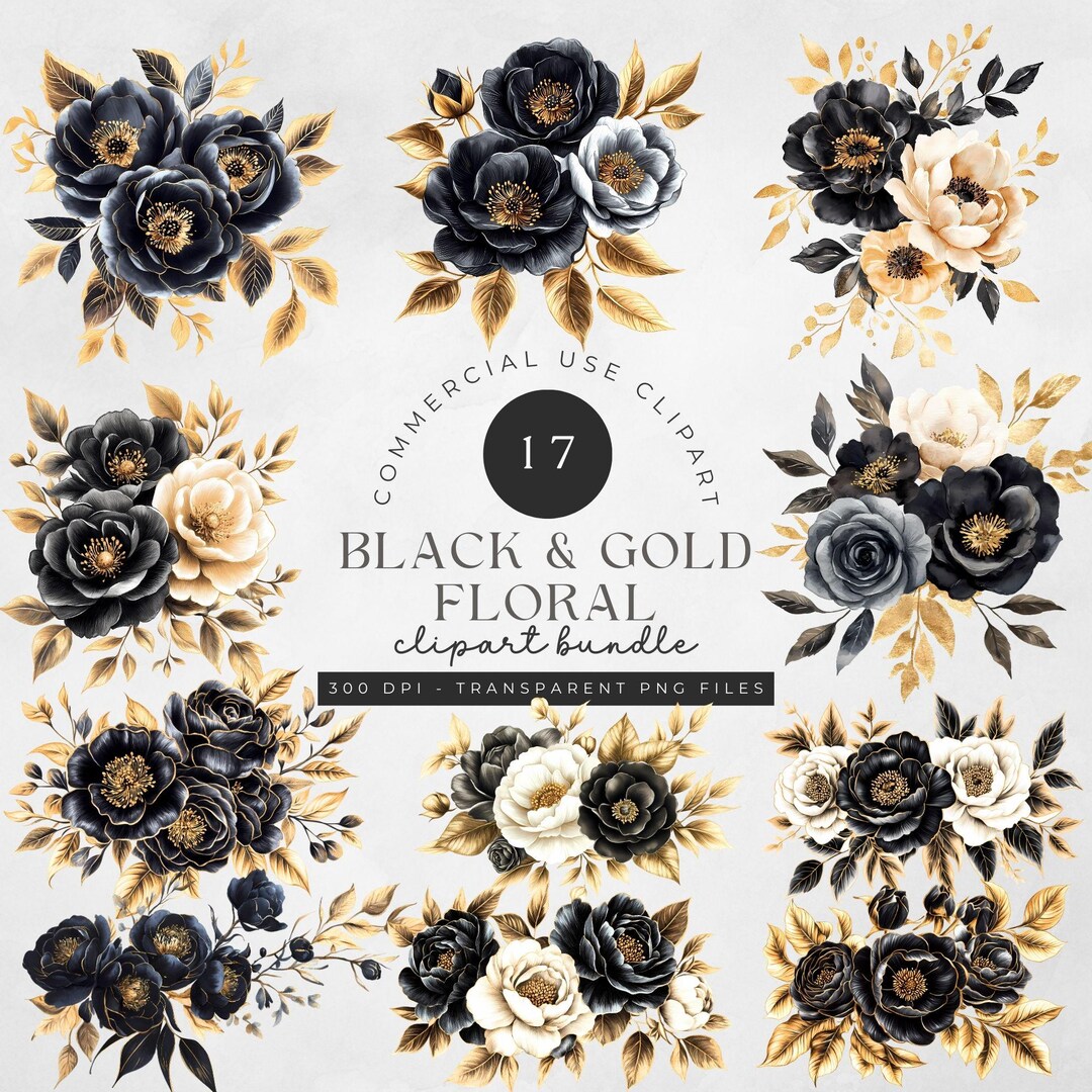 Black and Gold Bouquet Clipart Bundle Floral Bouquet Clip Art, Flower ...