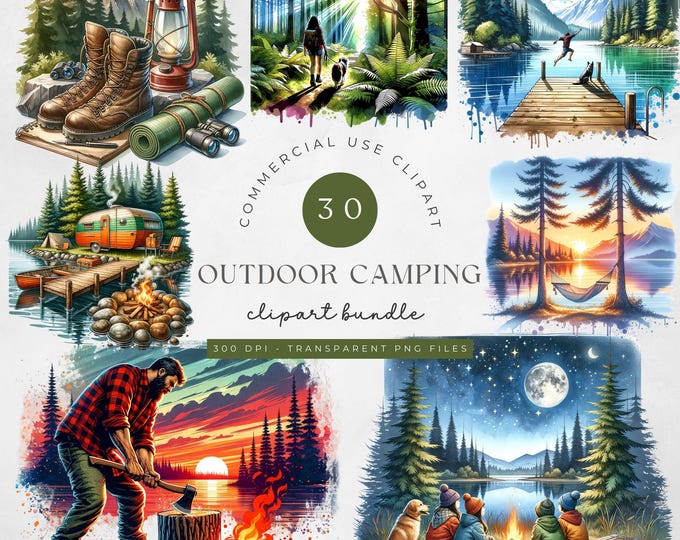 Watercolor Camping PNG Clipart Bundle, Mountain Landscape Campsite Tent ...