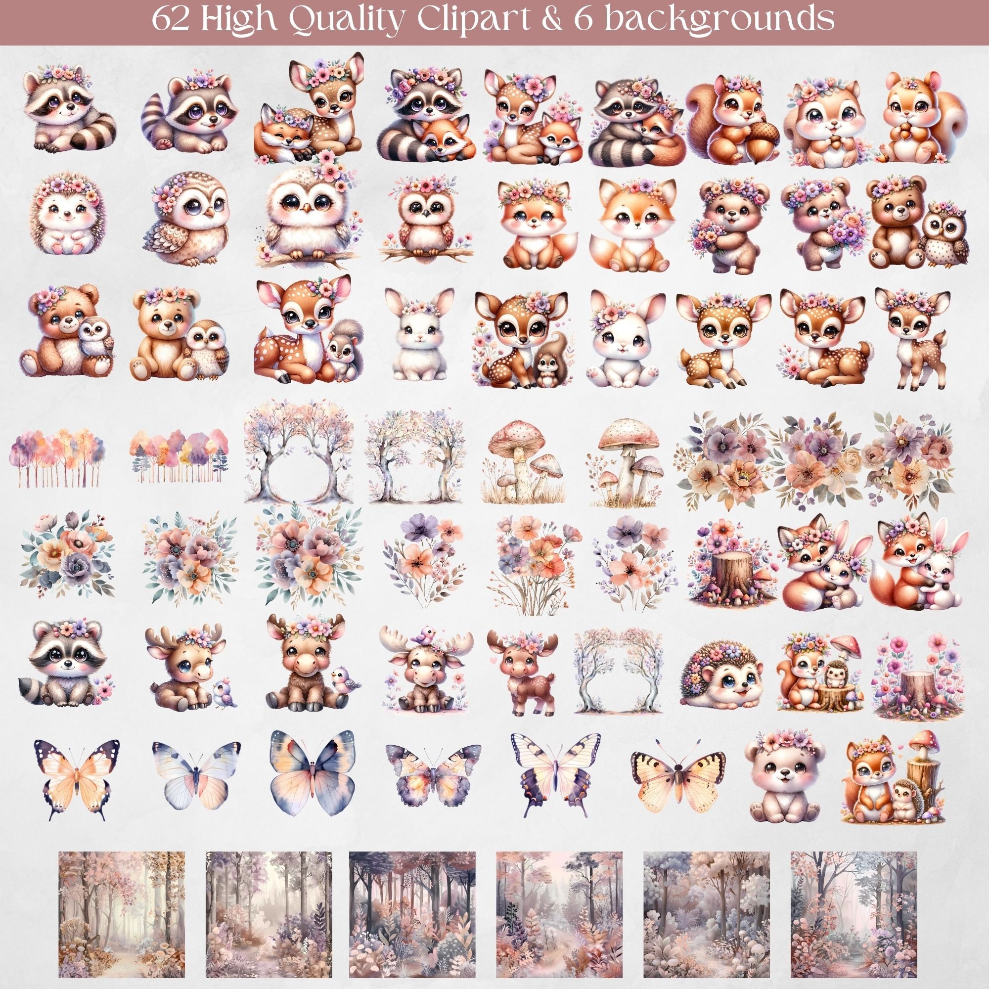 Boho Woodland Clipart, Cute Woodland Animals Clipart, Baby Animals ...