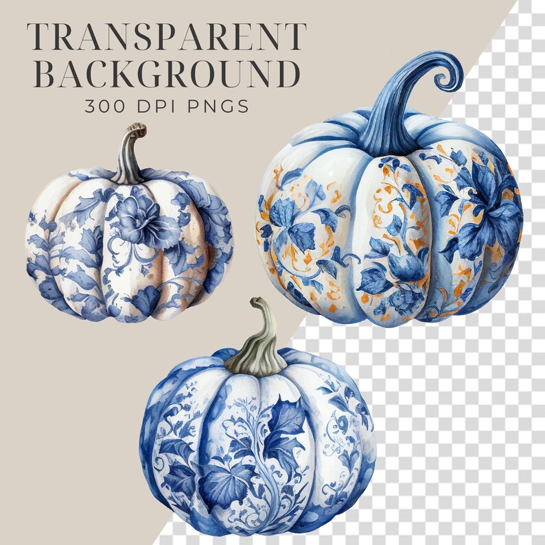 Blue White Pumpkin Watercolor Clipart PNG, Portuguese Tile Autumn ...