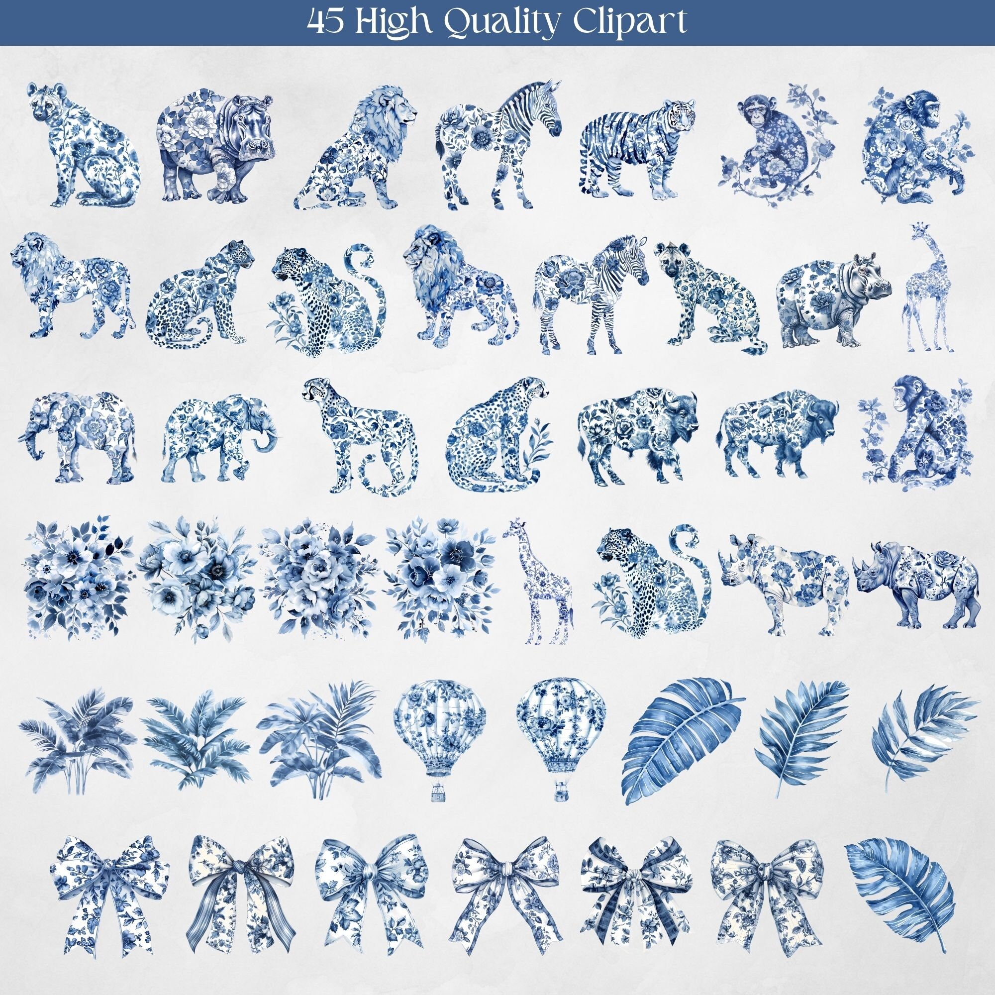 Safari Toile Clipart Bundle Blue, Baby Shower Toile De Jouy Clip Art ...