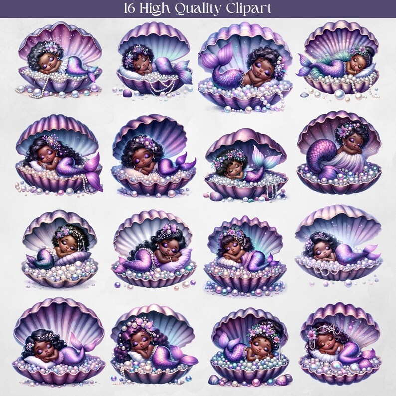 Mermaid Clipart Bundle, Watercolor Purple Cute Afro Mermaid Png, Cute ...