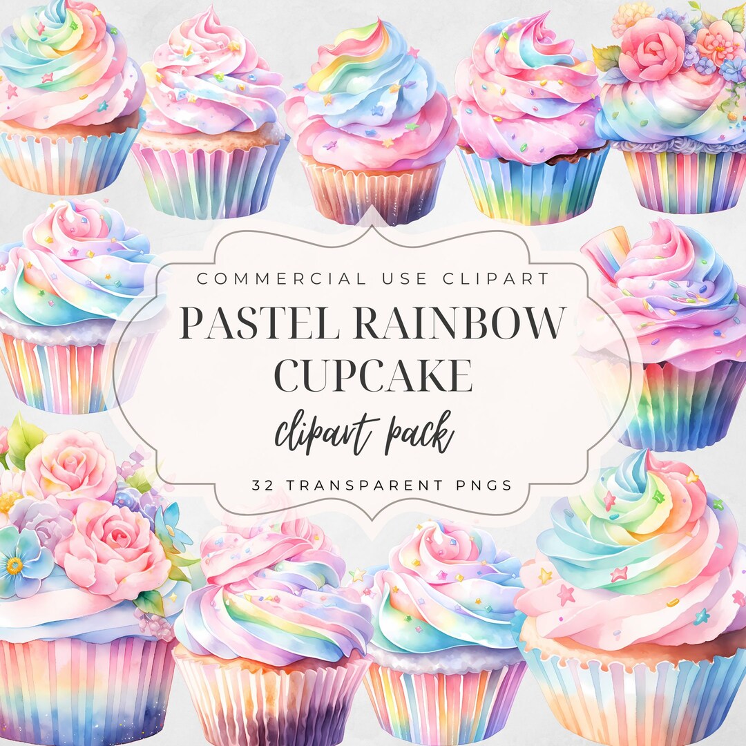 32 Watercolor Pastel Cupcake Clipart Bundle, Rainbow Birthday Cake, PNG ...