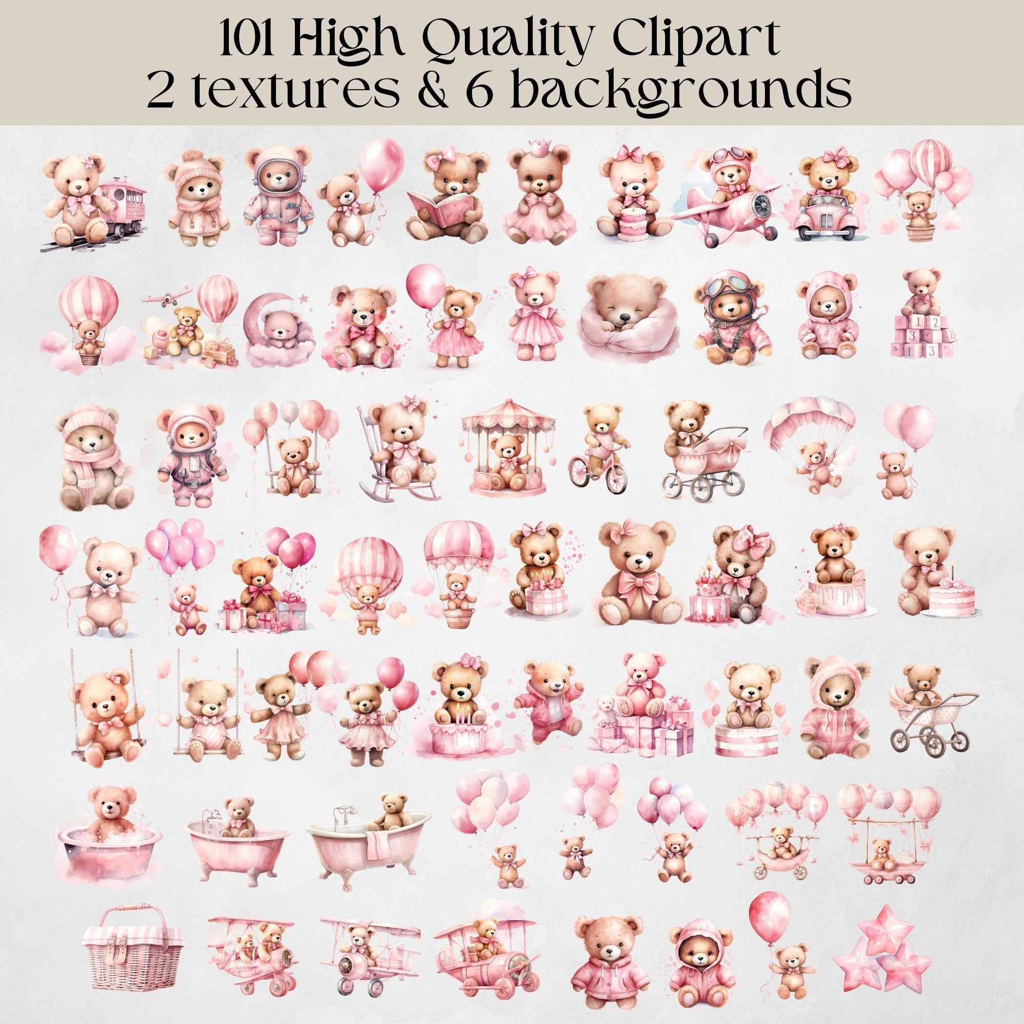 103 Sweet Baby Girl Teddy Bear Clipart Bundle Watercolor Baby Shower ...