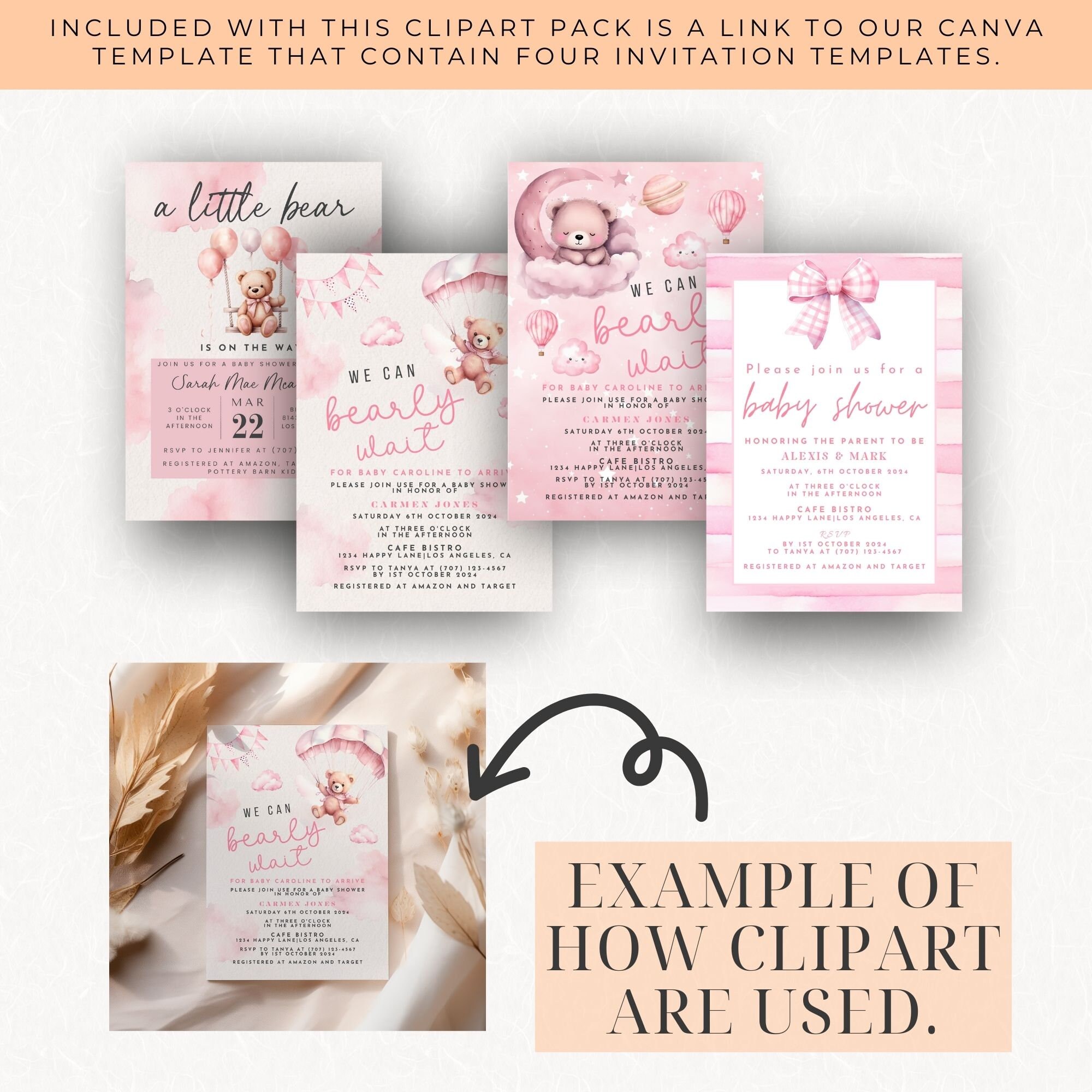 103 Sweet Baby Girl Teddy Bear Clipart Bundle Watercolor Baby Shower ...