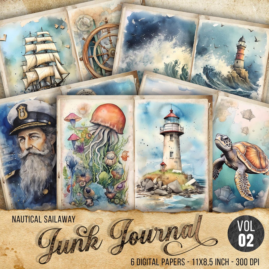 Nautical Junk Journal Paper, Double Journaling Pages, Jelly Fish ...
