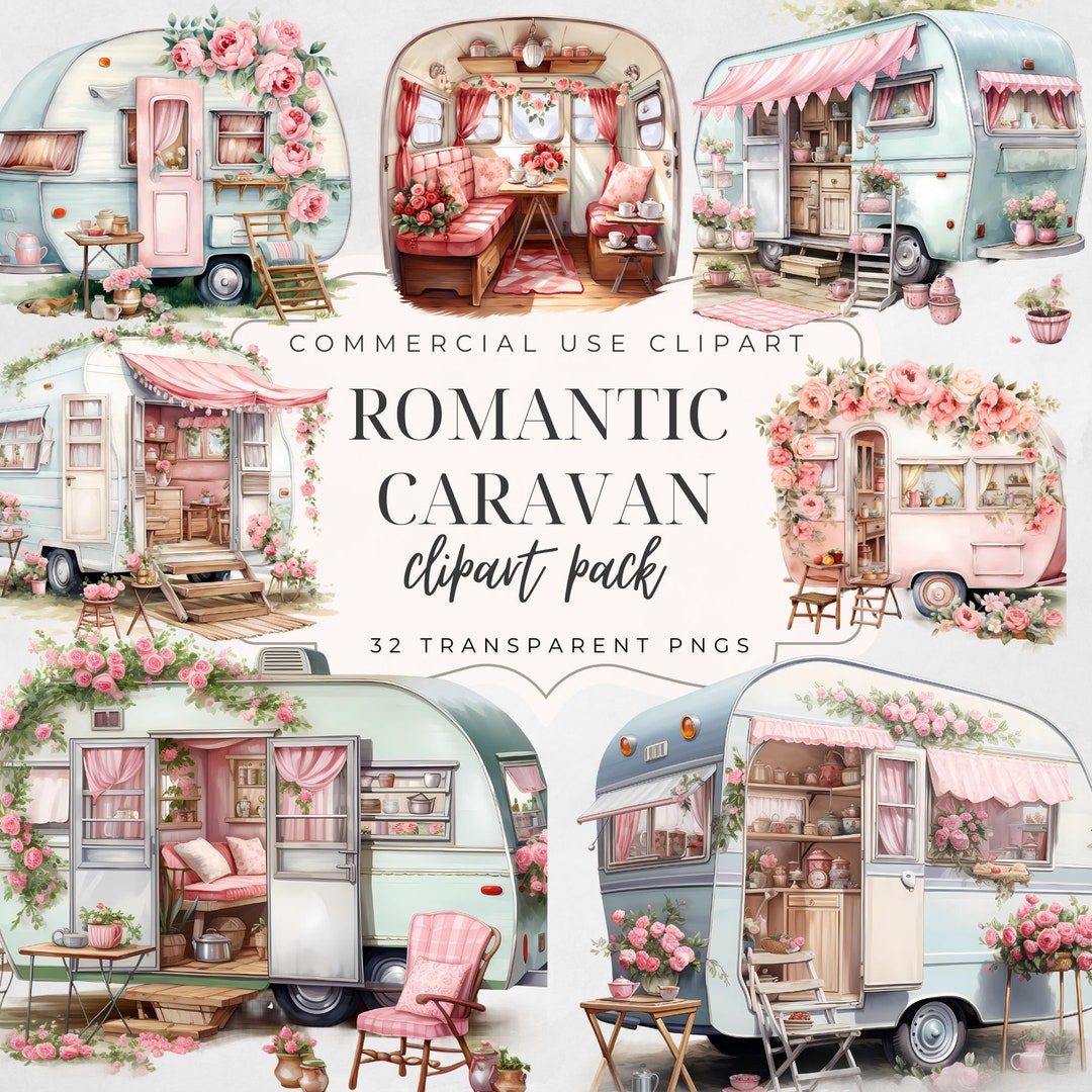 32 Spring Caravan Watercolor Clipart Bundle, PNG, Road Trip, Outdoor ...