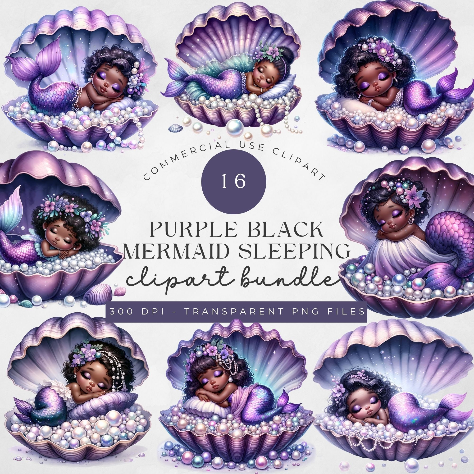 Mermaid Clipart Bundle, Watercolor Purple Cute Afro Mermaid Png, Cute ...