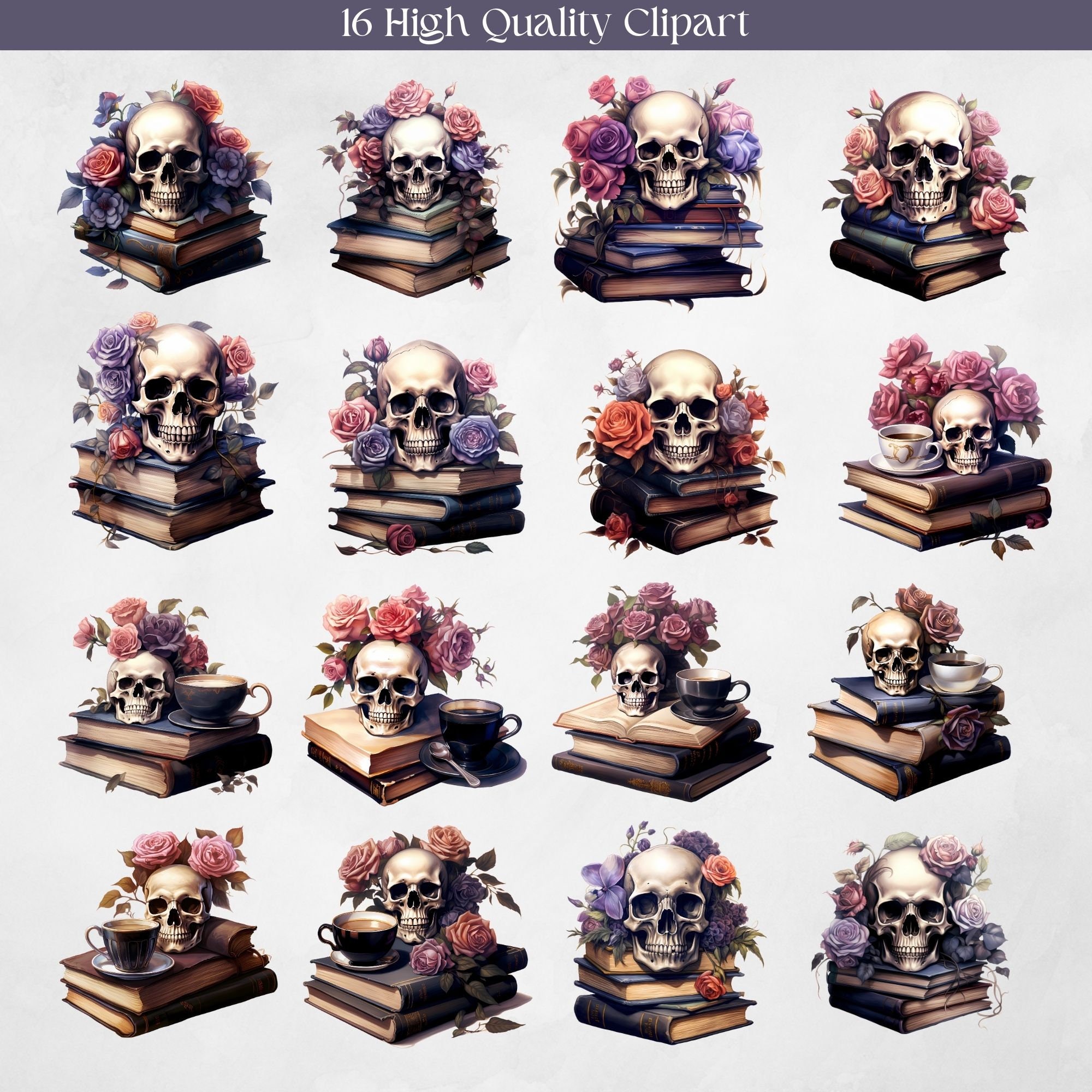 Creepy Stack of Books Clipart Bundle, Skeleton Book Watercolor, Book ...