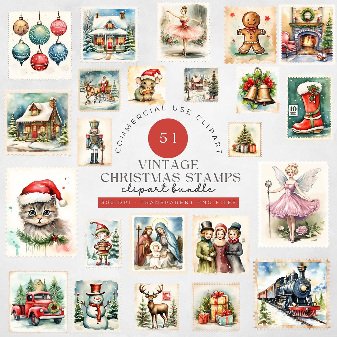 Vintage Christmas Stamps Clipart: 51 PNG Images (commercial Use) - Etsy