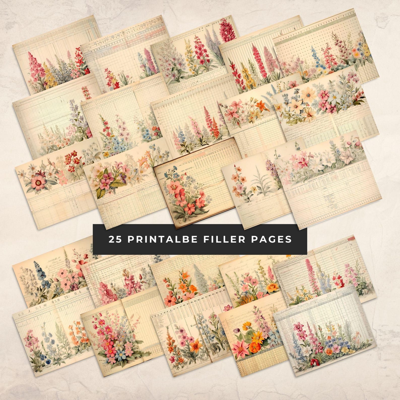 Wildflower Floral Ledger Junk Journal Pages, Flower Digital Paper ...