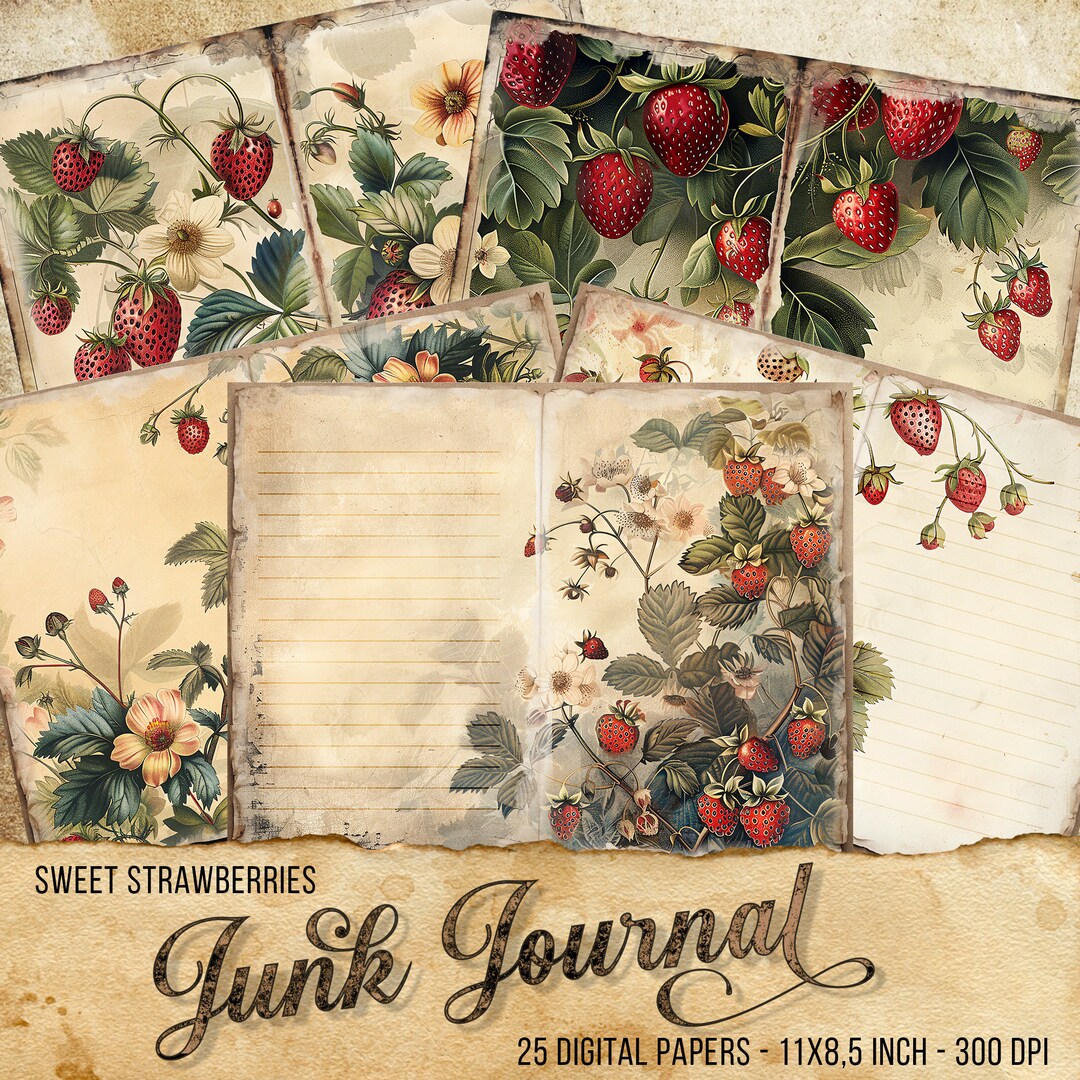 Strawberry Junk Journal Pages | Printable Paper | Journaling Supplies ...