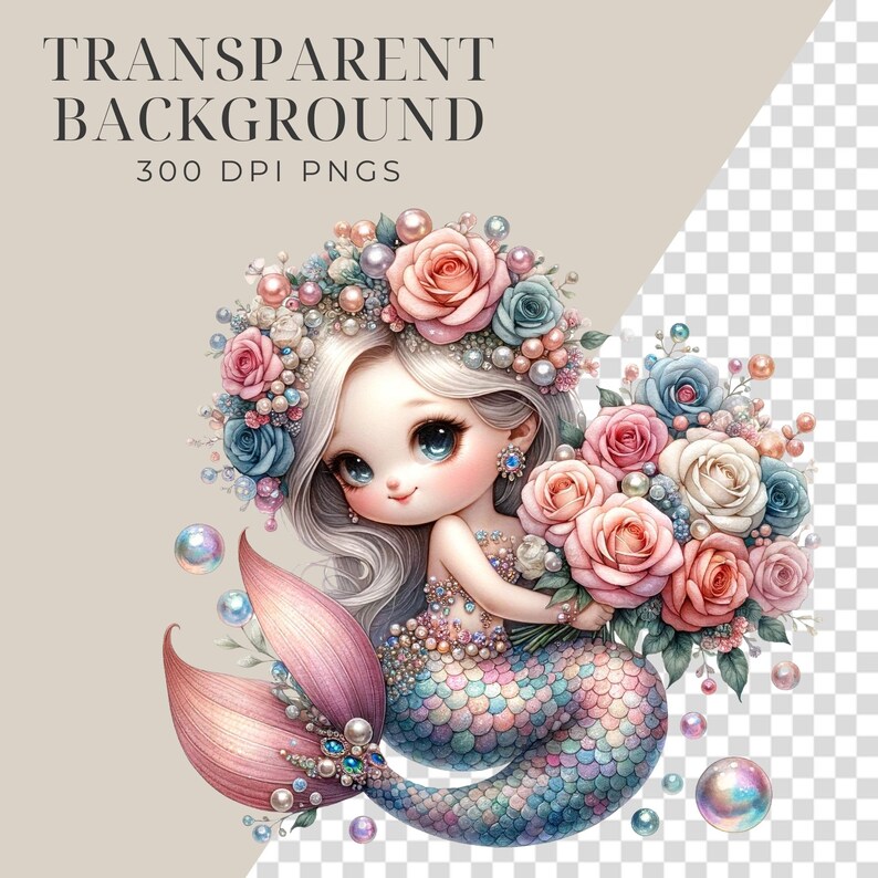 16 Adorable Watercolor Mermaid Clipart Graphic Set, 60 PNG Under Sea ...