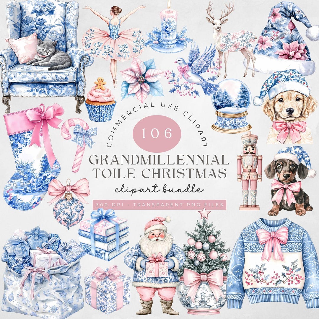 Watercolor Grandmillennial Christmas Clipart, Blue Pink Chinoiserie ...