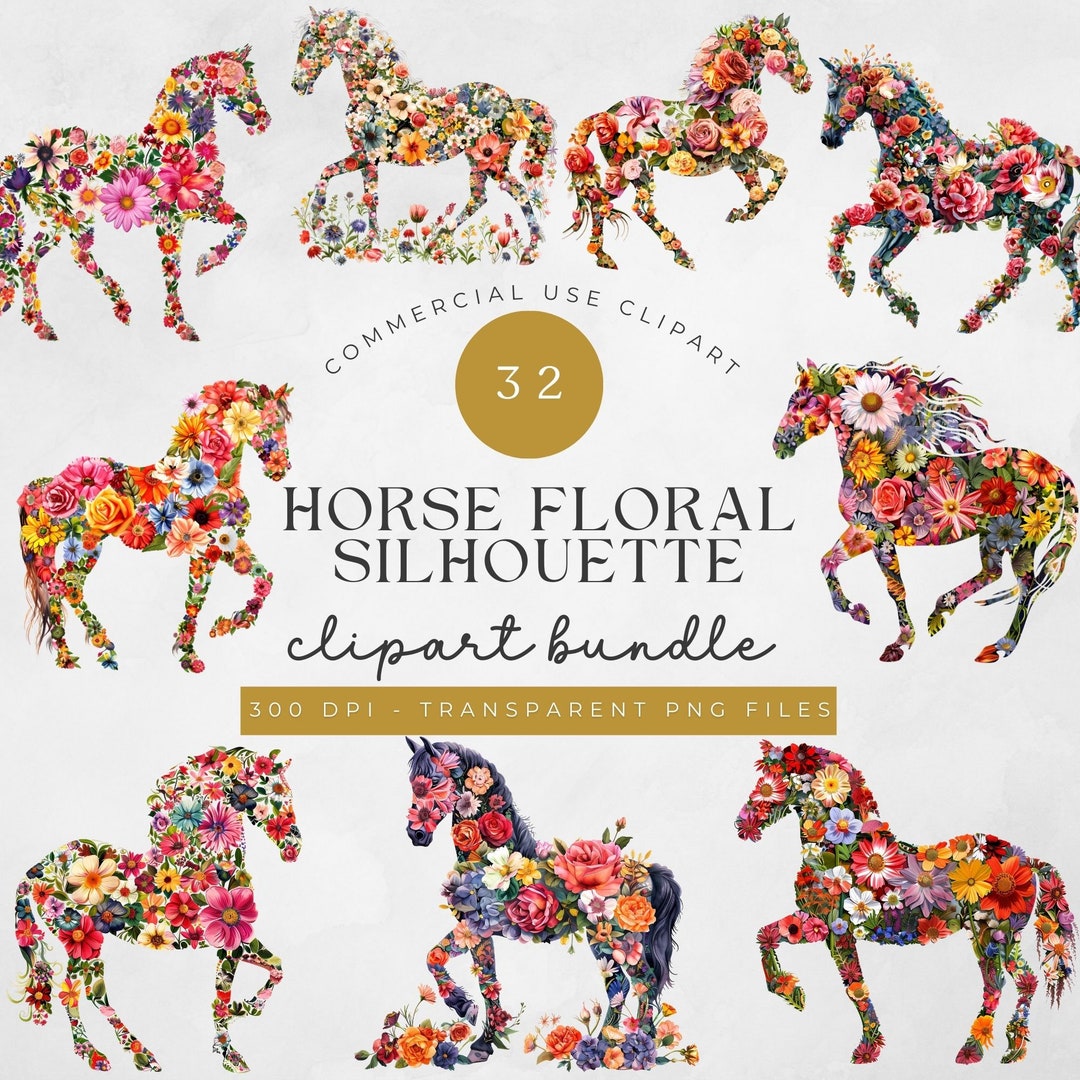 32 Watercolor Floral Horse Clip Art Bundle, Floral Boho Horse PNG ...