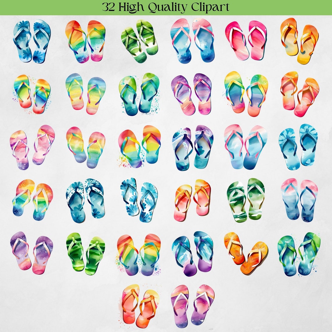 Colorful Watercolor Flip Flop Clipart Bundle, Transparent Background ...