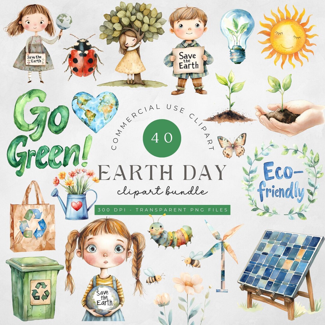 Earth Day Watercolor Clipart Bundle PNG Environmental Awareness, Planet ...