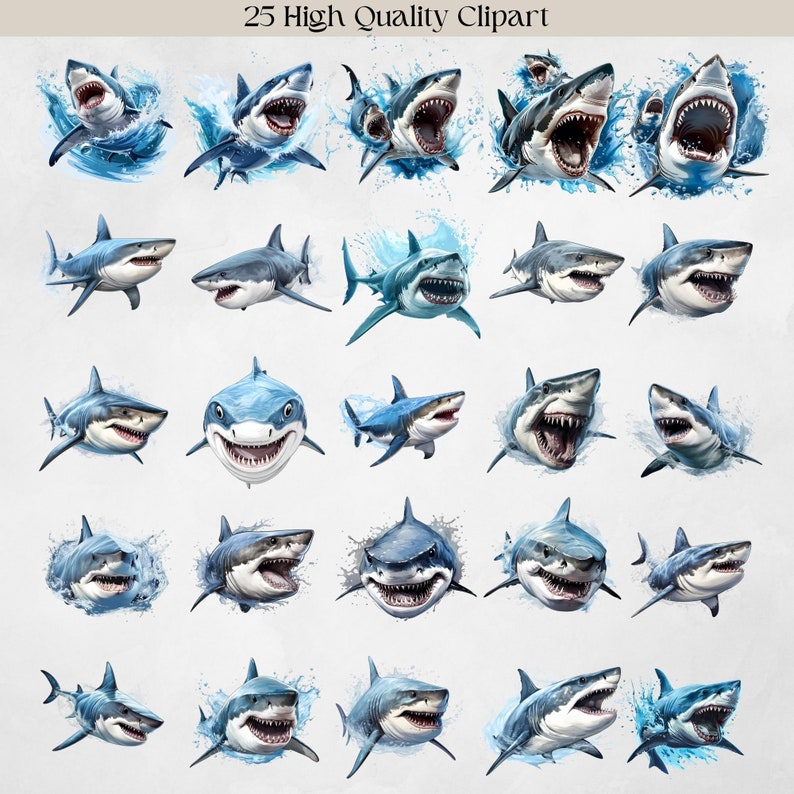 25 Ocean Sharks Watercolor Clipart, Underwater Sea Life Instant ...