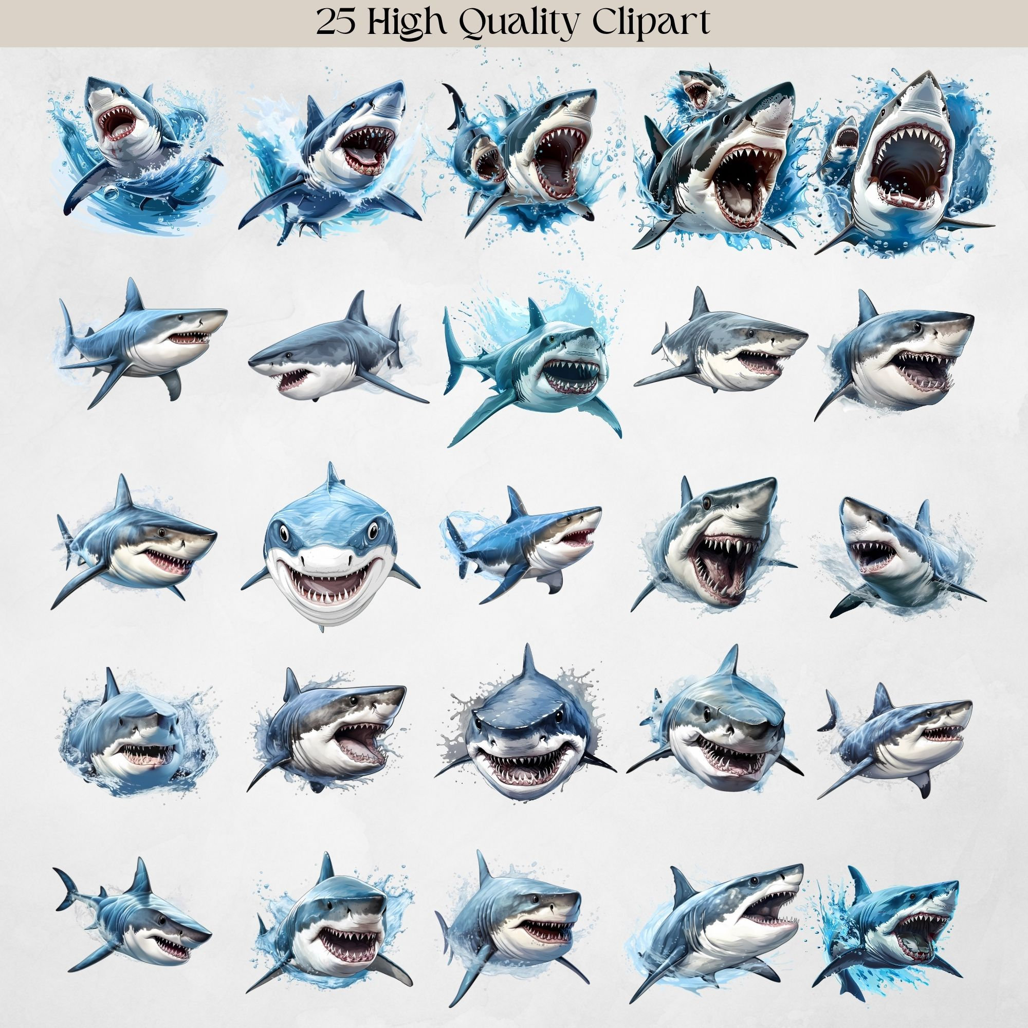 25 Ocean Sharks Watercolor Clipart, Underwater Sea Life Instant ...