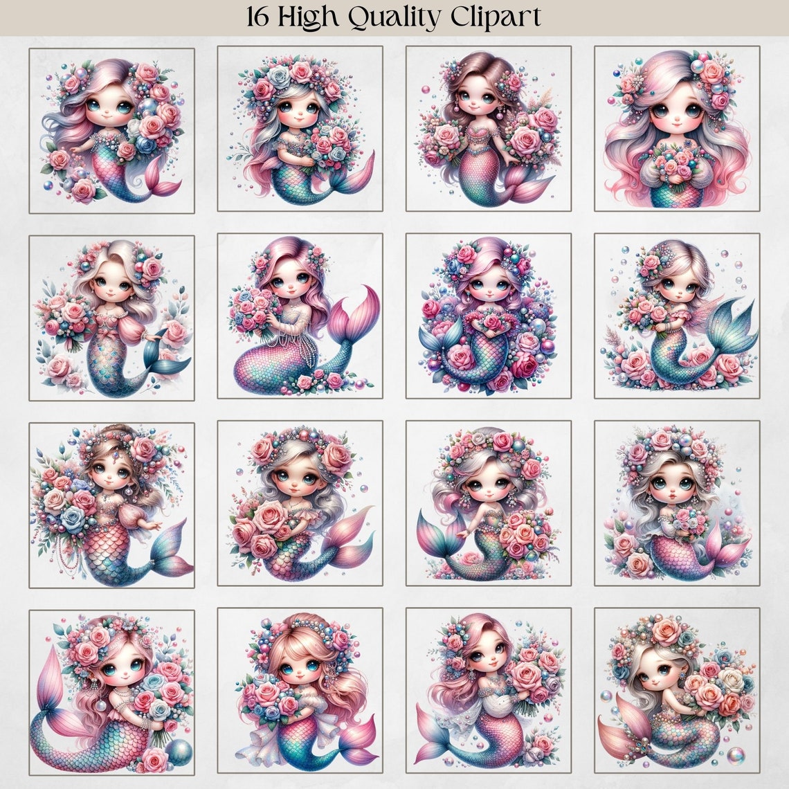 16 Adorable Watercolor Mermaid Clipart Graphic Set, 60 PNG Under Sea ...