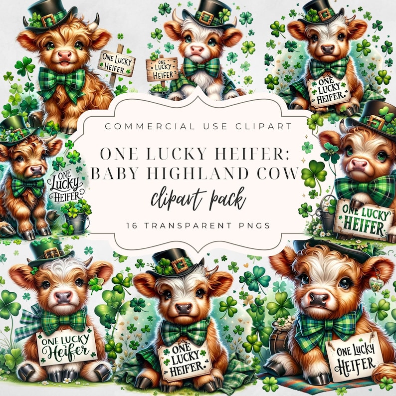 Watercolor St Patricks Highland Cows Clipart, 16 PNG Irish Clipart ...