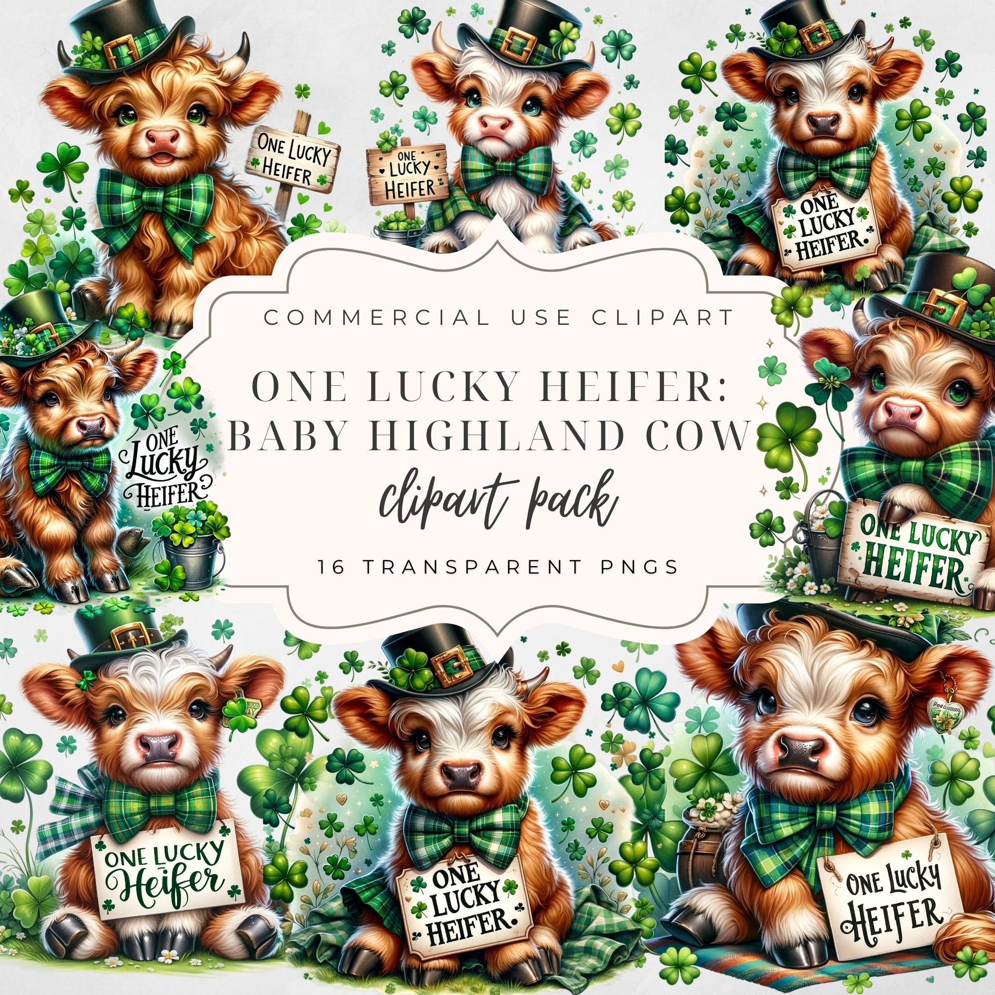 Watercolor St Patricks Highland Cows Clipart, 16 PNG Irish Clipart ...