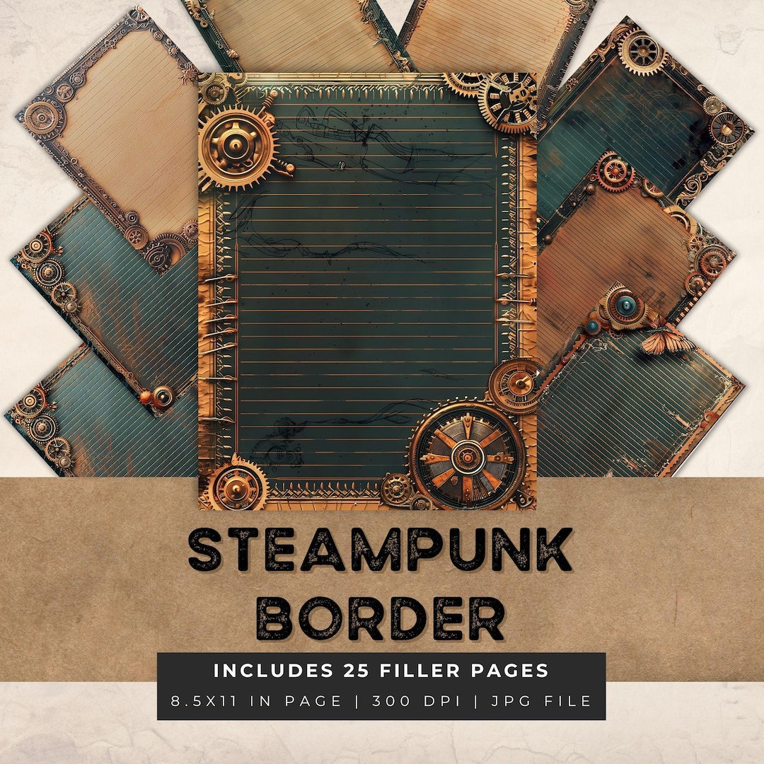 Steampunk Borders, Junk Journal Pages, 8.5x11 Inch, Printable, Industrial Vintage Design ...