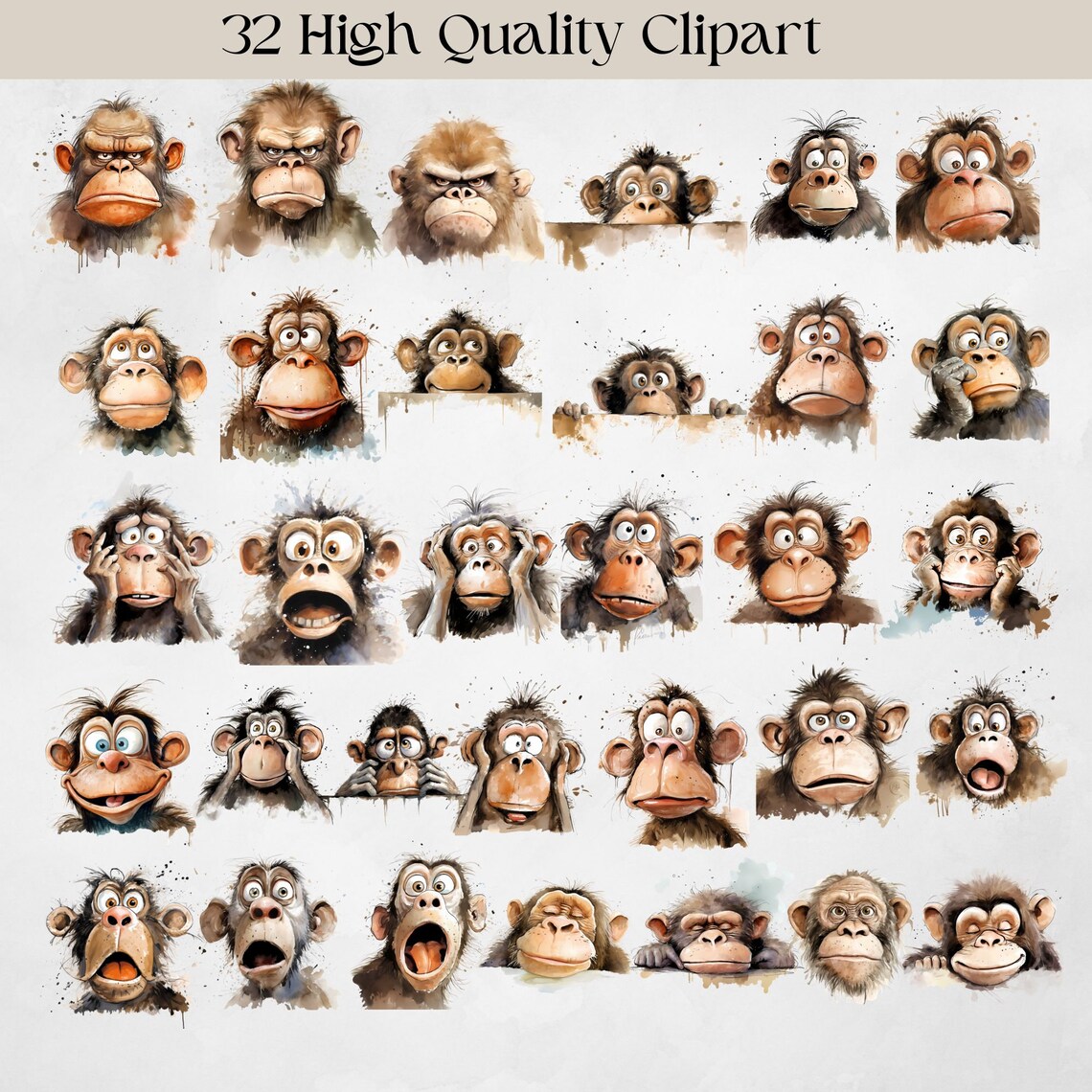 32 Quirky Monkey Clipart Funny Monkey Faces Clipart Bundle High Quality ...