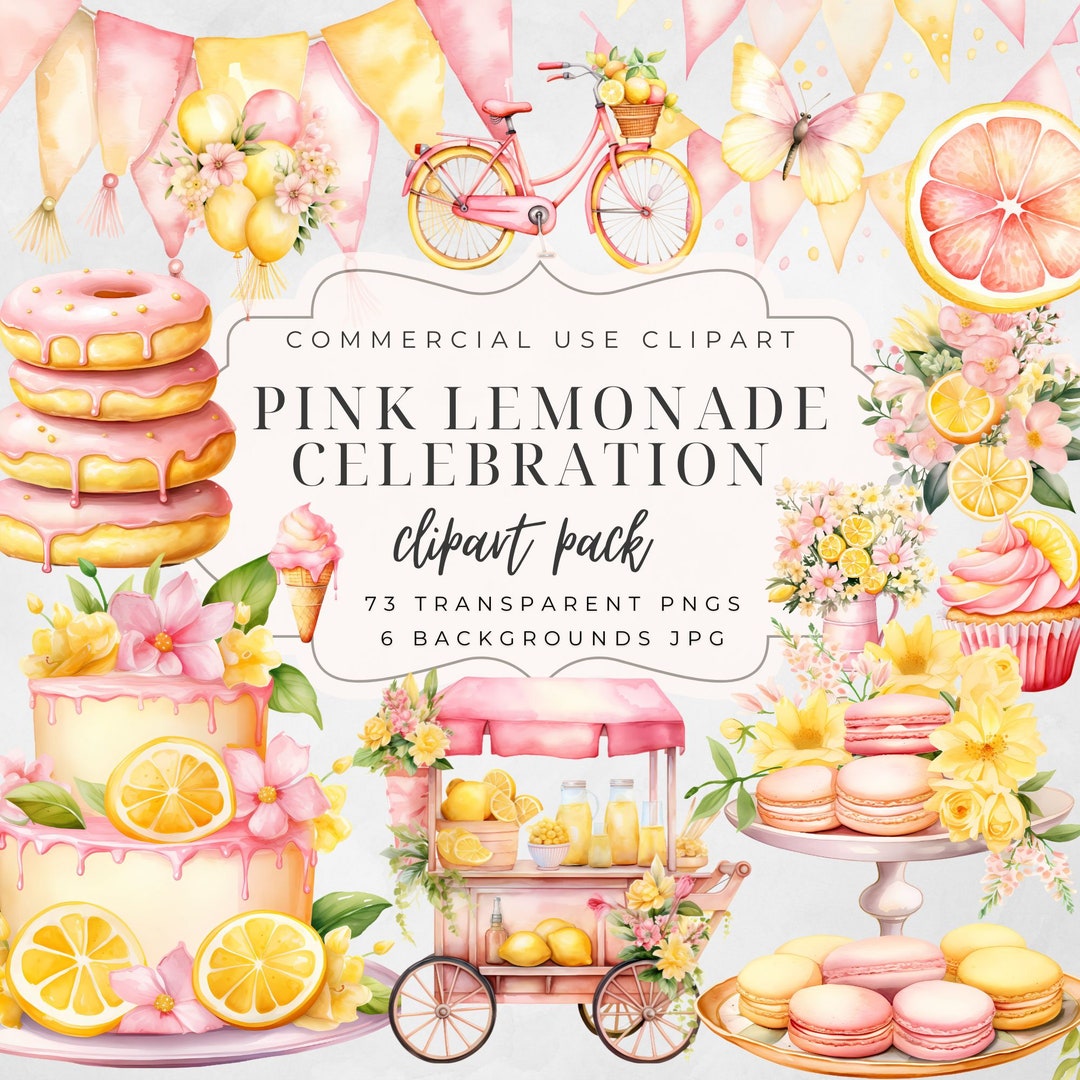 73 Watercolor Pink Lemonade Party Clipart Bundle | Pink Lemonade ...