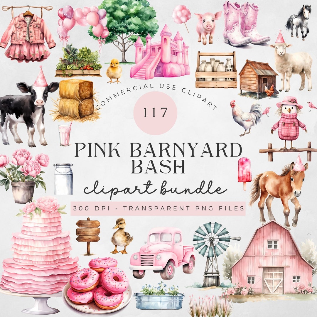 117 PNG Watercolor Pink Farm Clipart Bundle | Graphics Set | Barnyard ...