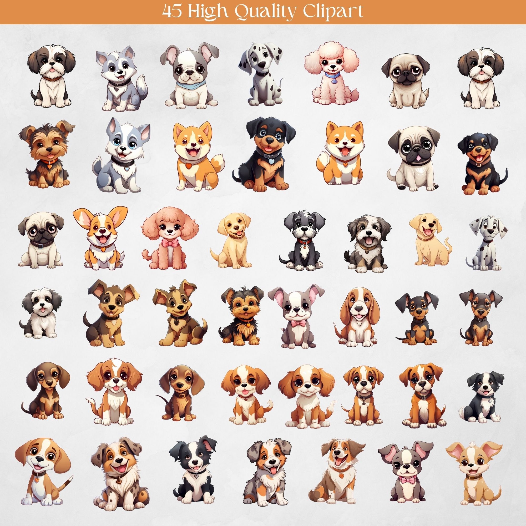 45 Dogs Clipart Bundle, Cute Dog Breeds PNG Printable, Kawaii Dogs for ...