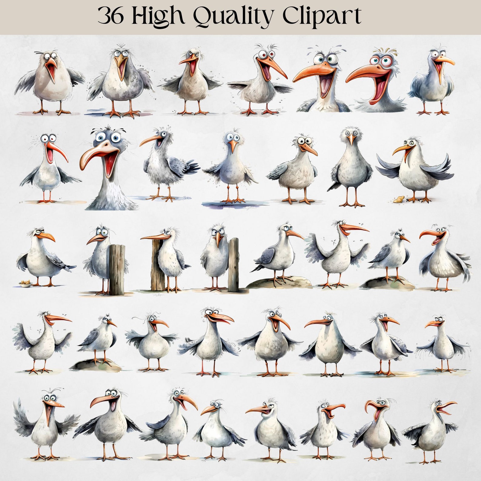 36 Quirky Sea Gulls Clipart | Funny Expressive Seagull Clipart Bundle ...