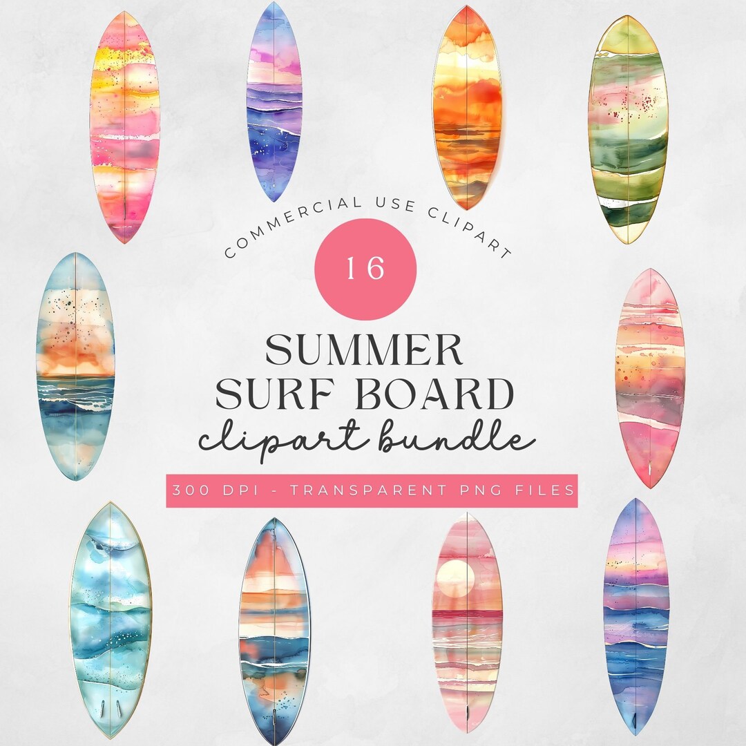 Watercolor Surfboard Clipart: Beach Summer Graphics (PNG Digital ...
