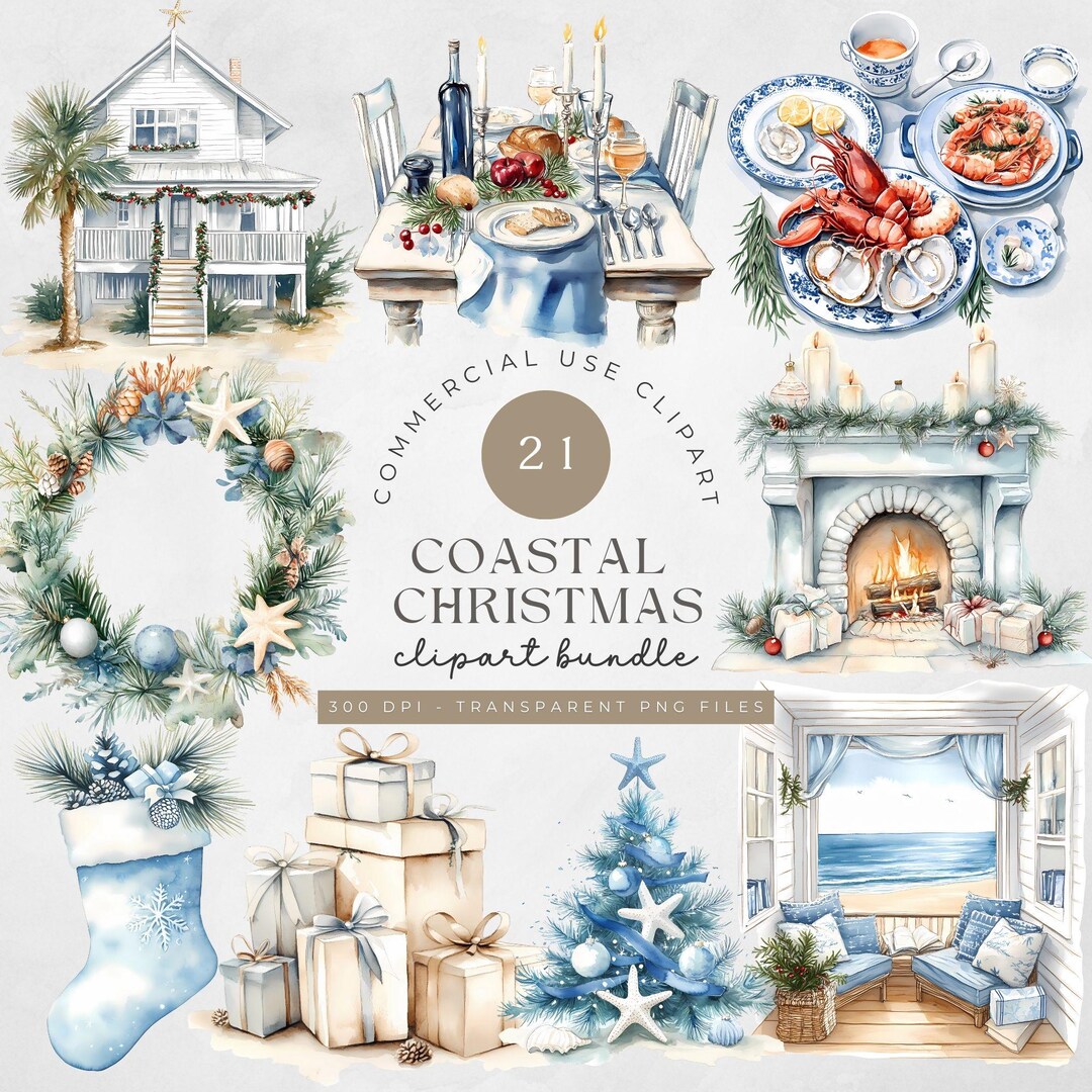 Coastal Christmas Wreaths Clipart Bundle Beach Ocean Seashell Tree ...