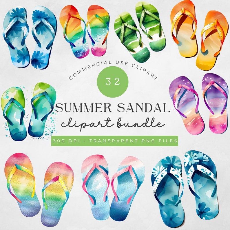 Colorful Watercolor Flip Flop Clipart Bundle, Transparent Background ...