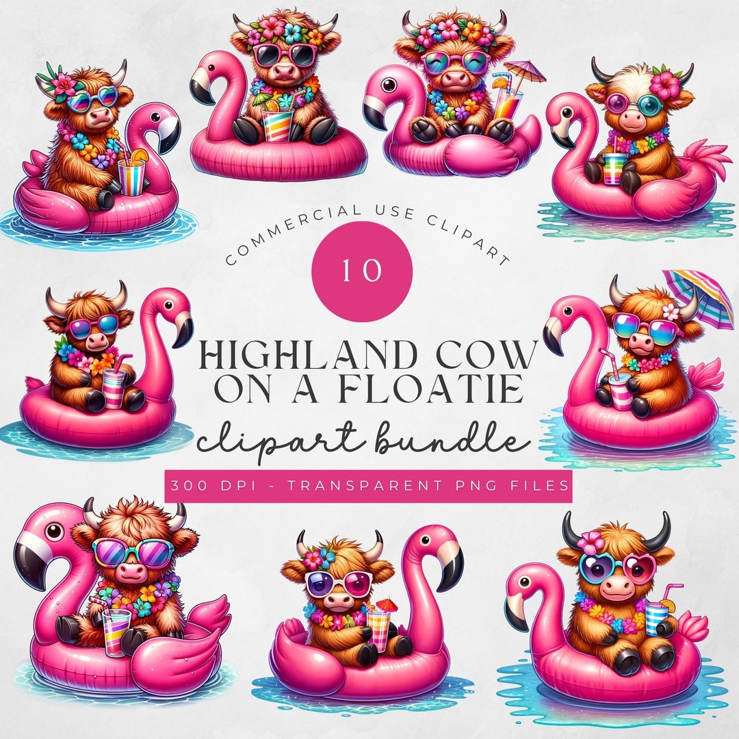Highland Cow Pink Flamingo Floatie Clipart Bundle, PNG, Summer Vibes ...