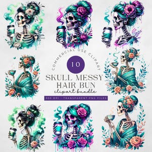 Skull Messy Bun Clipart Pack, Caffeinated Mom PNG Images Coffee Mama ...