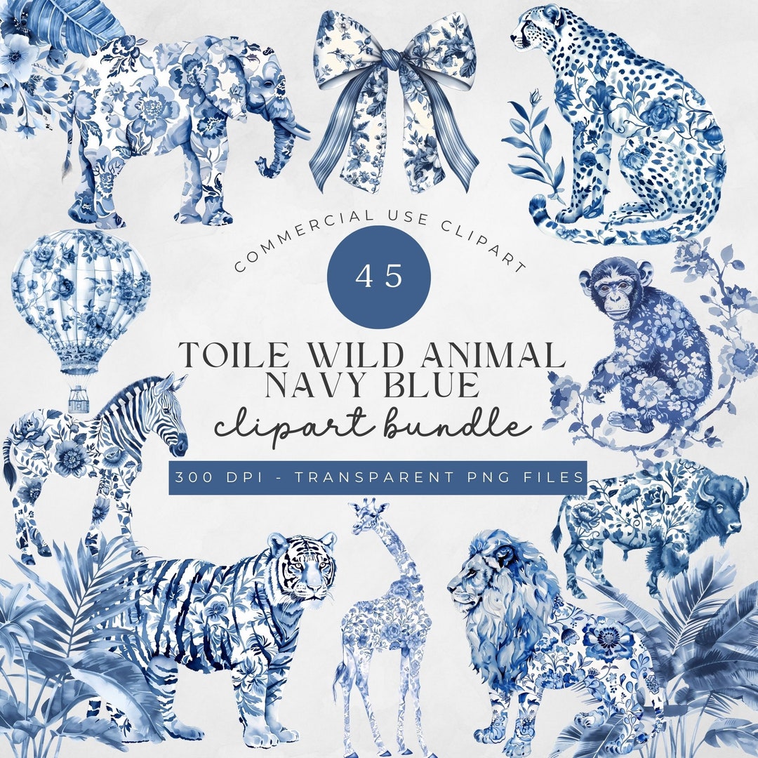 Safari Toile Clipart Bundle Blue, Baby Shower Toile De Jouy Clip Art ...
