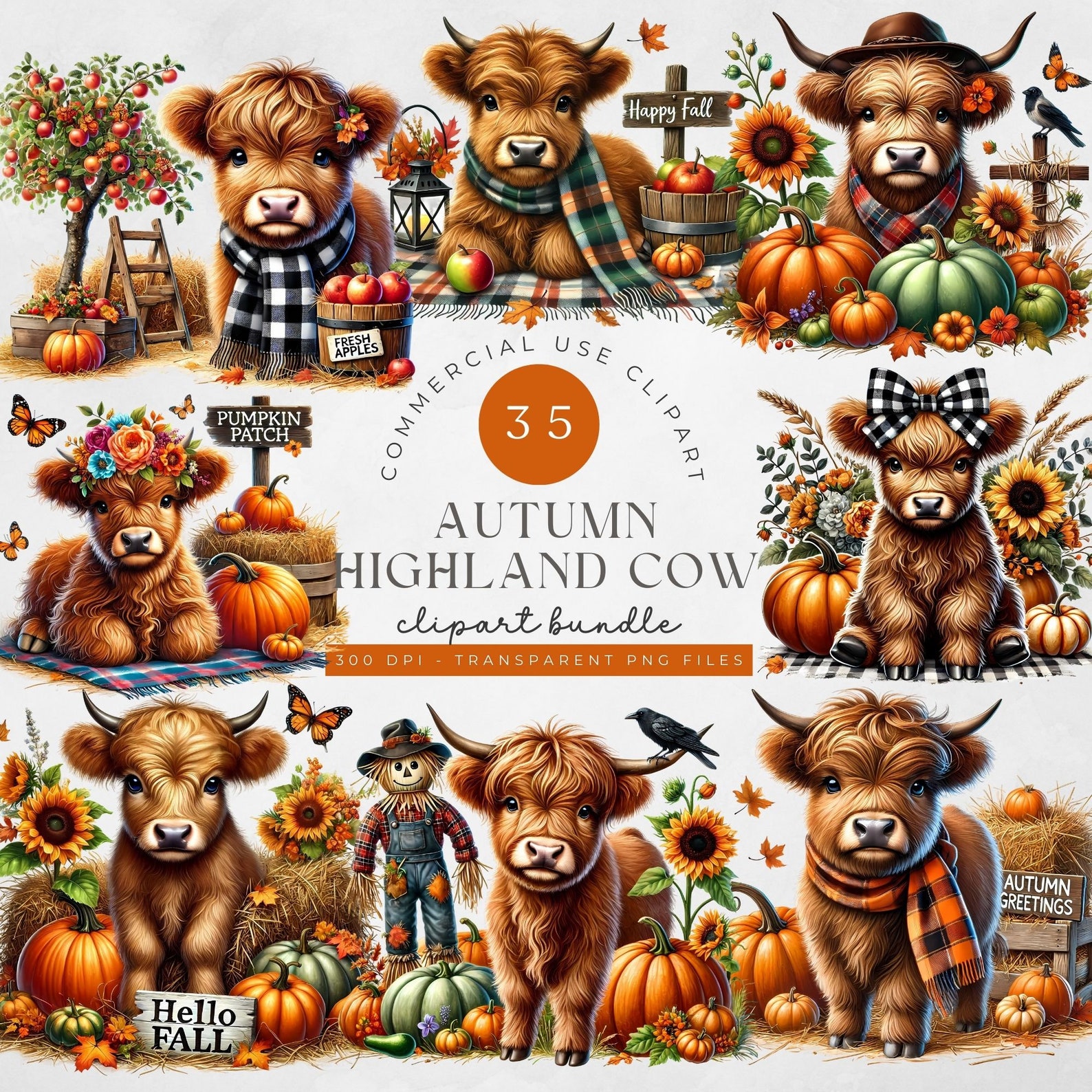 Watercolor Autumn Highland Cows Clipart, 15 PNG Fall Clipart, Pumpkin ...