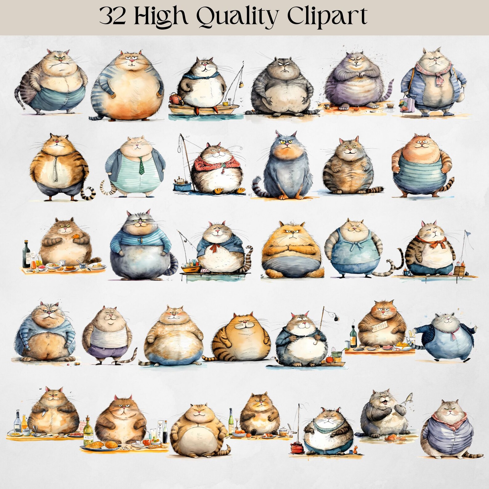 Funny Chubby Cat Clipart Bundle 32 High Quality 300DPI Images ...