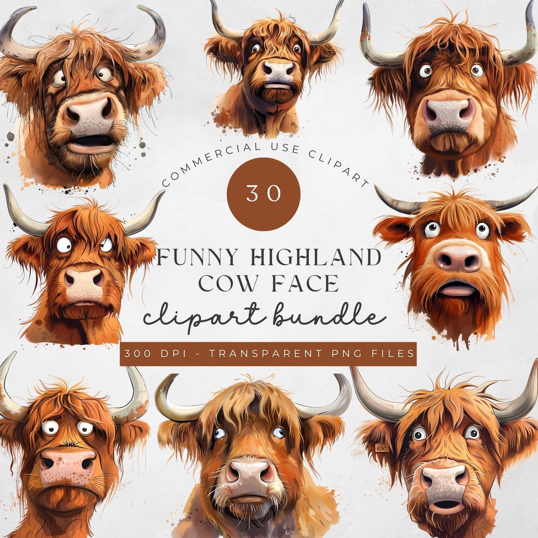 Quirky Highland Cow PNG Clipart Bundle Whimsical Cow Sublimation Clip ...