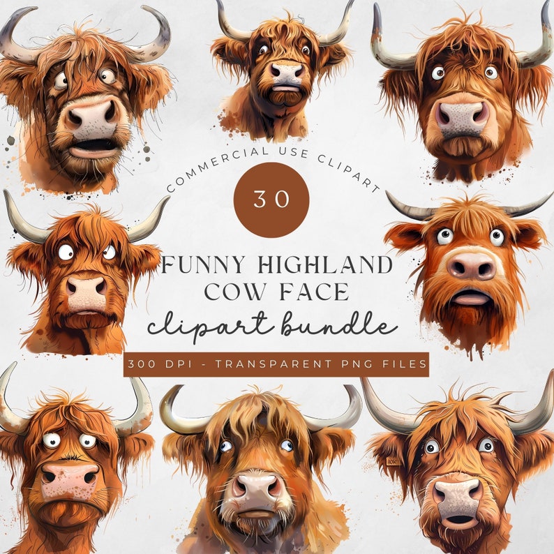 Quirky Highland Cow PNG Clipart Bundle Whimsical Cow Sublimation clip ...