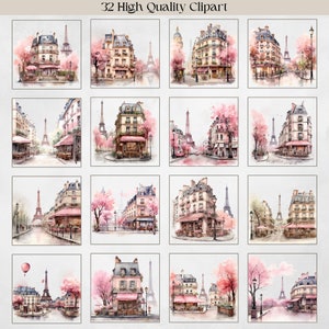 32 Pink Paris Clipart Bundle | PNG Watercolor Romantic Paris | French ...