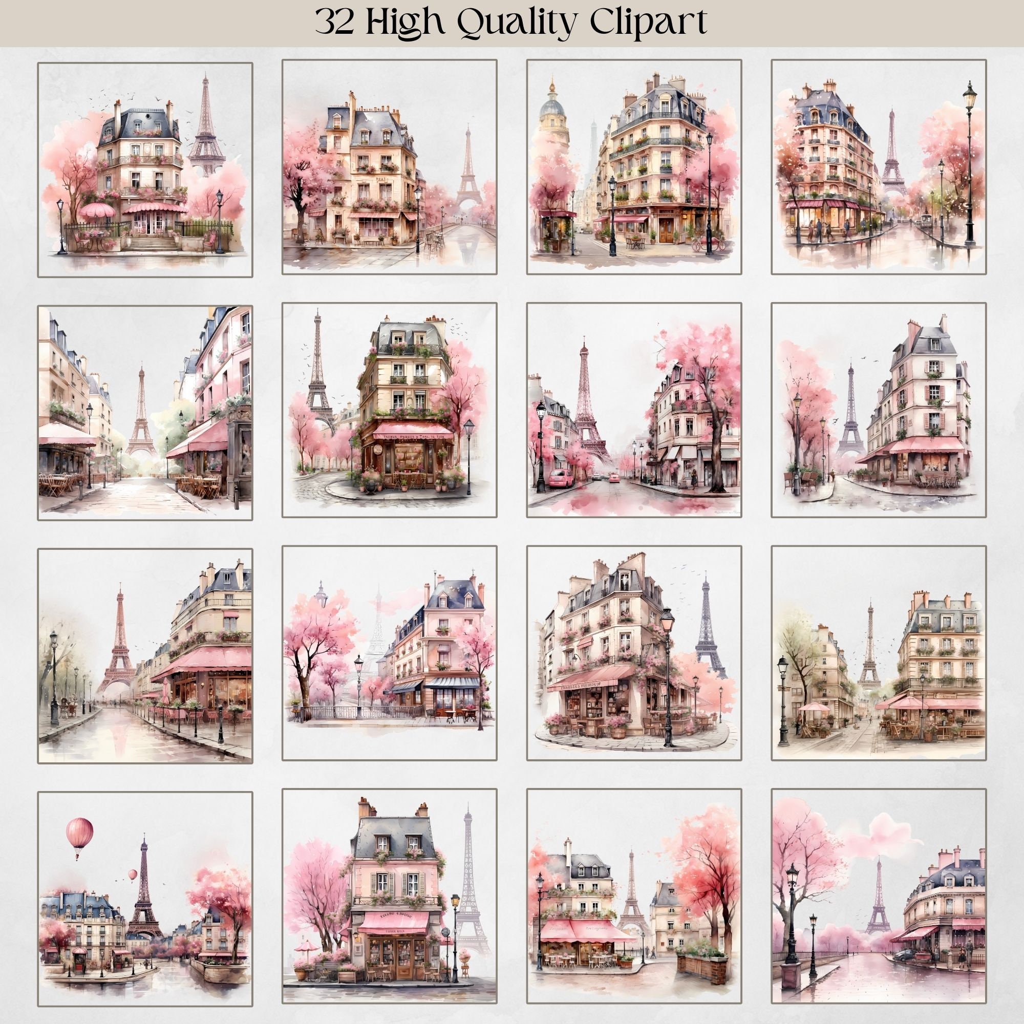 32 Pink Paris Clipart Bundle PNG Watercolor Romantic Paris French ...