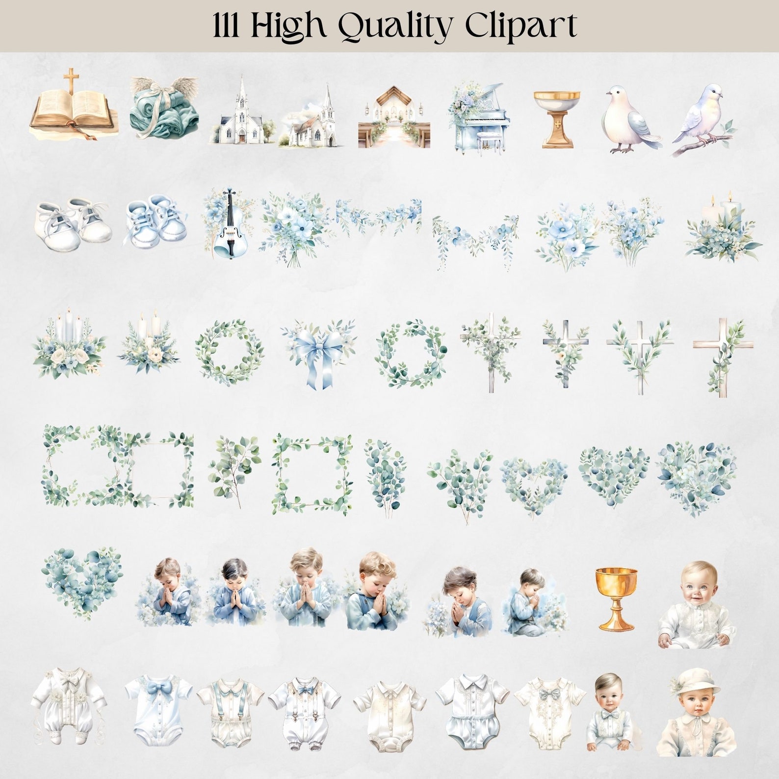 111 Watercolor First Communion Clipart Bundle Pastel Blue Baptism ...