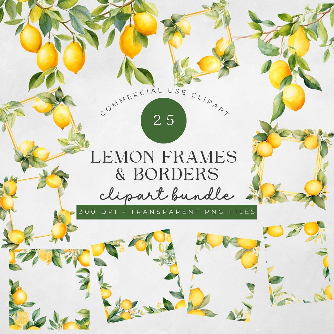 Lemon Wreath Frames: Watercolor Citrus Clipart (PNG, 300 Dpi) - Etsy